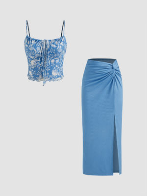 Buy Cider Mesh Scoop Neckline Floral Crop Cami Top with Solid Twist ...