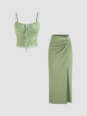 Buy Cider Mesh Scoop Neckline Floral Crop Cami Top with Solid Twist ...