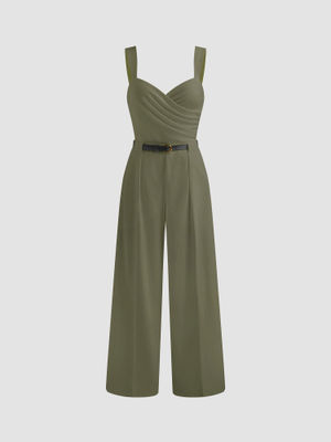 Buy Cider V-Neck Solid Ruched Wrap Jumpsuit with Belt (M) Online