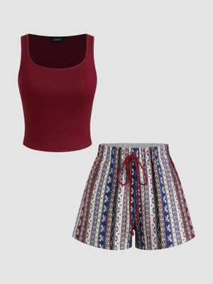 Buy Cider Square Neck Solid Crop Tank Top with Mid Rise Aztec Knotted Pocket Shorts (Set of 2 ...