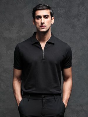 Buy Rare Rabbit Black Premium Jacquard Zipper Polo T-Shirt Online