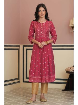 Buy Juniper Fuchsia Rayon Festive Handwork Sequence Anarkali Kurta Online