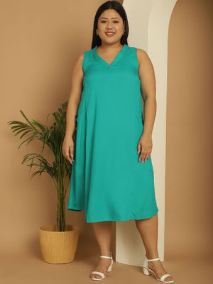 Buy theRebelinme Plus Size Women's Turquoise Solid Color A-Line Midi ...