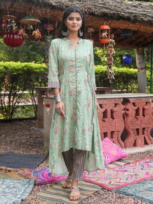 Buy Rangmayee Green and Blue Foil Printed High-Low A-Line Kurta with ...