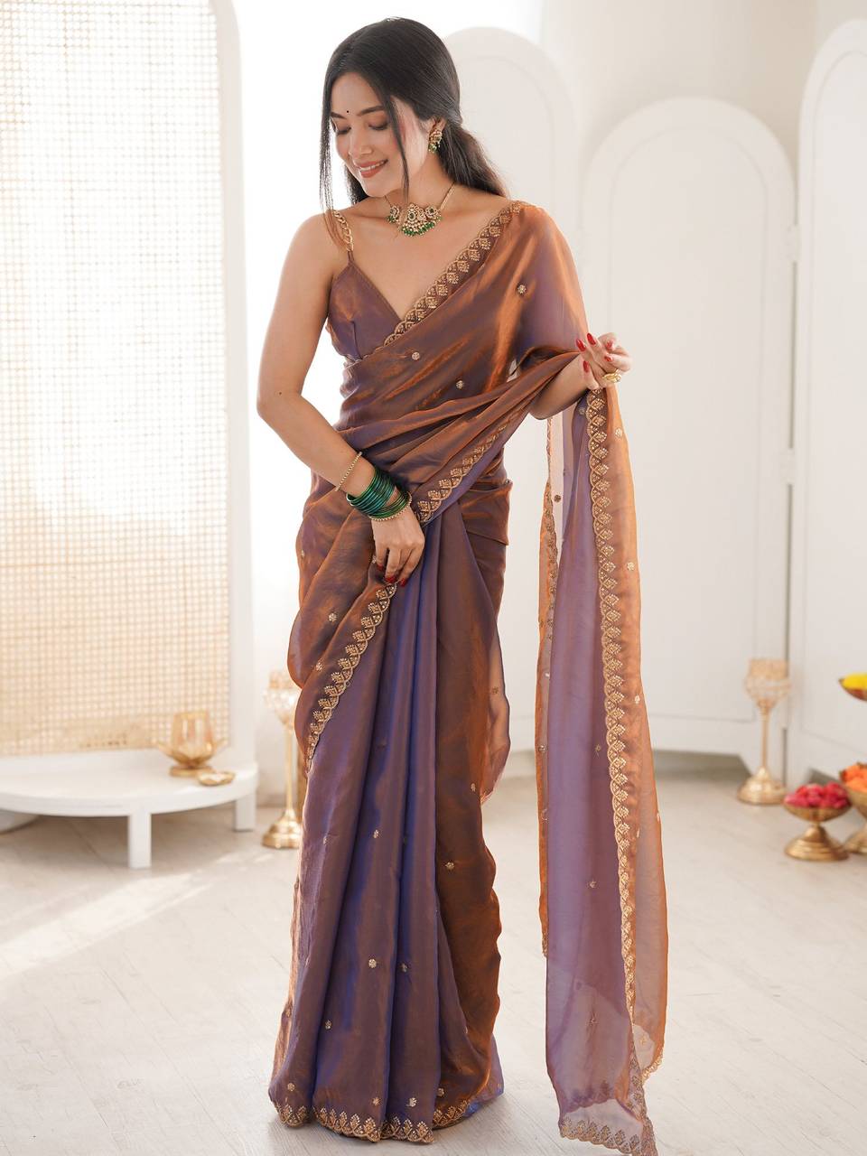 Price History of Sareemall Women's Paper Silk Rose Gold Embellished ...
