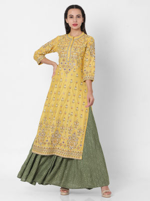 Ojas Designs Lehengas : Buy Ojas Designs Yellow Chanderi Full ...