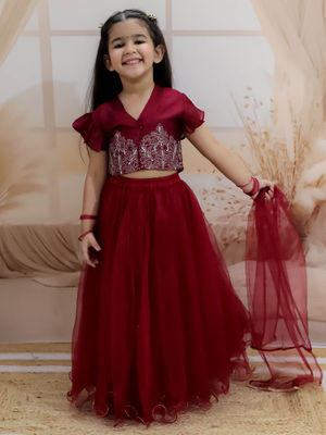 Buy BownBee Sheer Back Front Open Choli with Lehenga and DupattaMaroon ...