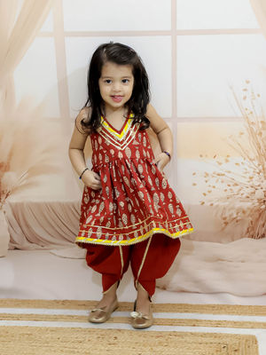 Buy BownBee Halter Neck Fish Print Kurti with Dhoti for Girls Maroon ...