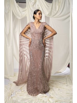 Buy Ambrosia A Hand Embellished Pink V-Neck Gown with An Attached ...