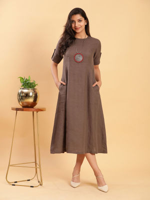 Buy BohoJazz Umber Brown Princess Cut Linen Midi Dress (XS) Online