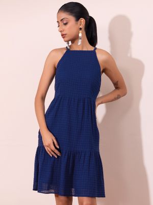 Buy FabAlley Dark Blue Halter Neck Cotton Schiffli Dress Online