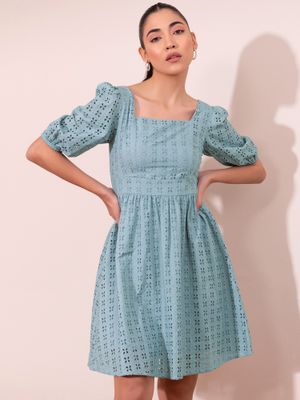 Buy FabAlley Pastel Blue Schiffli Dress Online