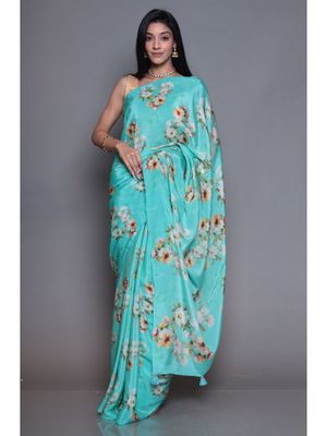 Buy Zari Jaipur Dark Green Digital Print Satin Saree with Unstitched ...