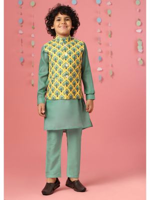 Buy KALKI FASHION Green Kurta Set In Silk With Yellow Bandi Jacket (Set ...