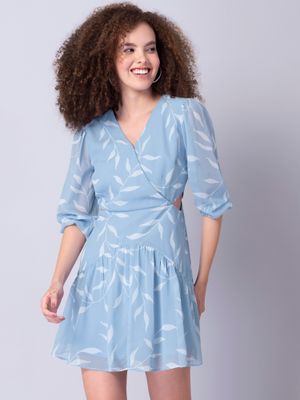 Buy FabAlley Blue Leaf Print Waist Cut Out Wrap Dress Online