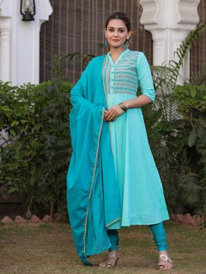 Buy Jaipur Kurti Blue Embroidered Anarkali Kurta with Churidar and ...
