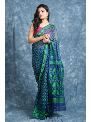 Buy CHARUKRITI Checkered Weaving Navy Blue Jamdani Saree Without Blouse ...