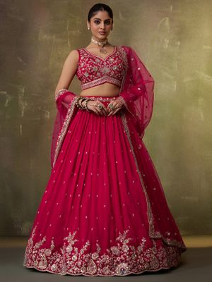 Buy Panchhi Georgette Sequins Semi Stitched Red Lehenga And Unstitched ...