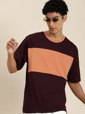 Buy DILLINGER Maroon Colorblocked Oversized T-Shirt Online