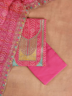 Buy Libas Pink Bandhani Print Embroidered Unstitched Suit (Set of 3) Online