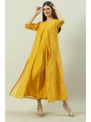 Buy Biba Mustard Solid/plain Dress With Cape (Set of 2) Online