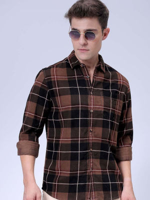 Buy The Indian Garage Co Men Regular Fit Brown Checks Full Sleeves ...