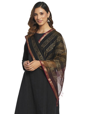Buy Fabindia Black Hand Block Print Cotton Silk Stole Online