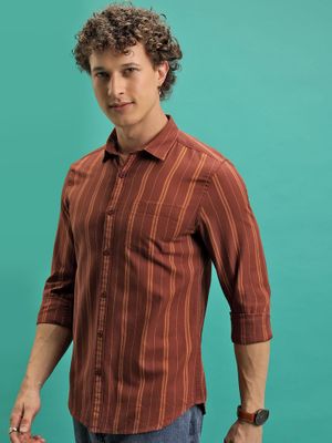 Buy HIGHLANDER Men Rust Stripes Casual Shirt (L) Online