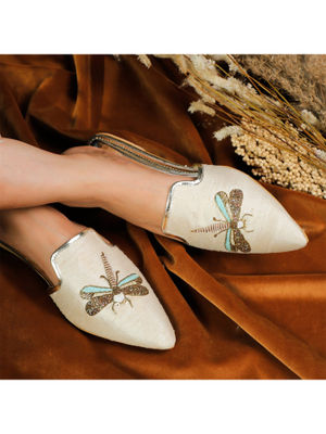 Buy Bombay Brown Embroidered Cream Sparkling Dragonfly Pointed Mule Online