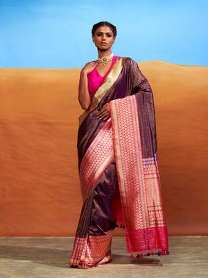 Buy WeaverStory Handloom Purple Tanachi Saree With Unstitched Blouse Online