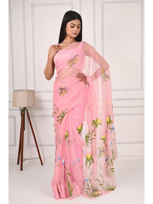 Buy THREADS and BLOCKS Butterflies In Garden Hand Painted Saree with ...
