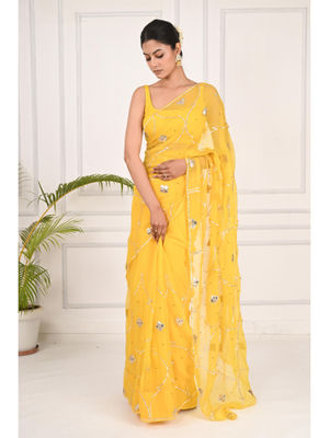 Buy THREADS and BLOCKS Lemon Yellow Gota Jaal Saree with Unstitched ...