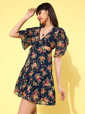 Buy KASSUALLY Blue Floral Side Cut Dress Online