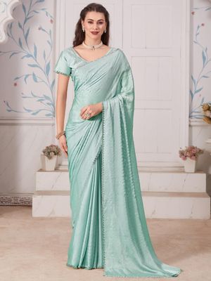 Buy Akhilam Womens Satin Silk Turquoise Embellished Designer Saree with ...