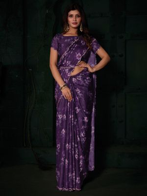 Buy Akhilam Womens Satin Silk Purple Embellished Designer Saree with ...