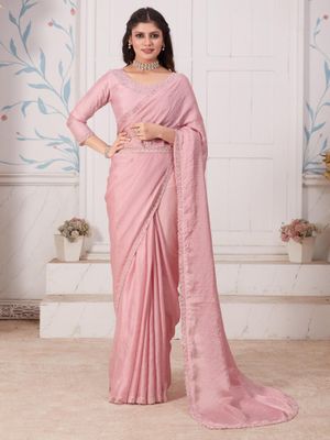 Buy Sareemall Womens Satin Silk Pink Embellished Designer Saree with ...
