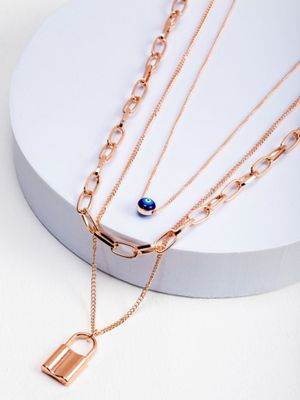 Buy PRITA Evil Eye Lock Layered Rose Gold Plated Necklace Online