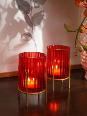 Buy Pure Home + Living Set of 2 Red Ribbed Glass Hurricane with Metal ...