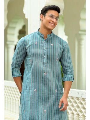 Buy Hatheli Cotton Stripes Embroidered Kurta Online