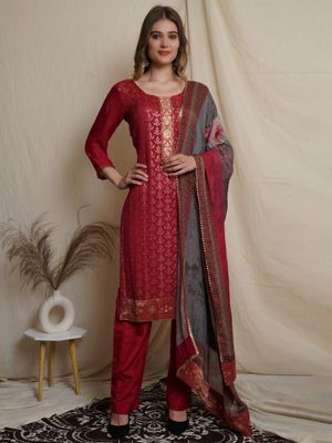 Buy Stylee LIFESTYLE Magenta Chinon Chiffon Embroidered Dress Material ...