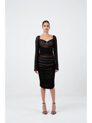 Buy SOTBELLA Black Solid/Plain Rushed Mesh Dress with Tie-Detail (XS ...