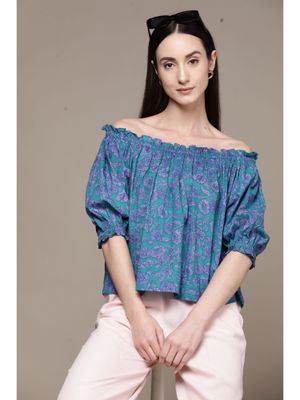 Buy Label Ritu Kumar Blue Floral Print Top Online