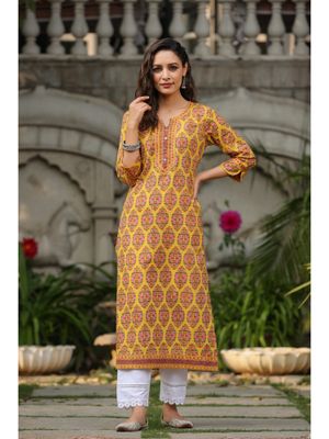 Buy Rain & Rainbow Women Mustard Ethnic Motifs Printed Pure Cotton ...