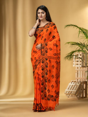 Buy DESH BIDESH Women's Pure Cotton Handloom Orange Saree With Unstitched Blouse with Unstitched ...