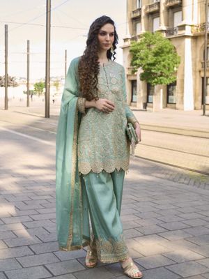 Buy Autumnlane Green Hiva Moss Full Work Premium Kurta with Pant and ...