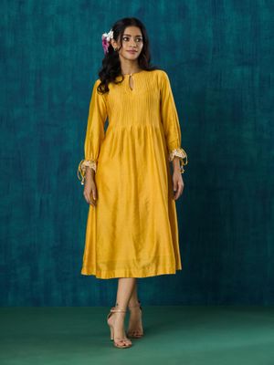 Buy Mushio Mango Yellow Flowy Chanderi Amrai Dress (S) Online