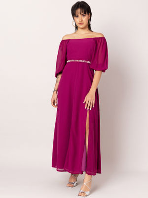 Buy FabAlley Plum Puff Sleeve Maxi Dress With Embellished Belt (Set of ...