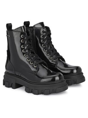 Buy Delize Women Black Solid Patent Derby Boots Online