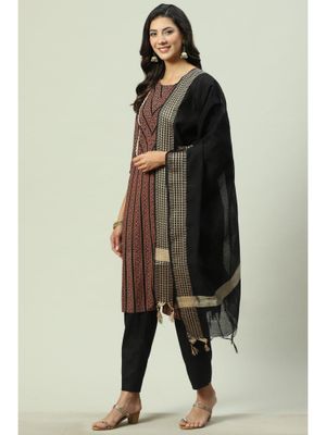 Buy Biba Black Cotton Unstitched Suit (Set of 3) online