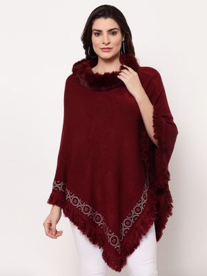 Buy Mafadeny Women Winter Wear Maroon Longline Poncho Online